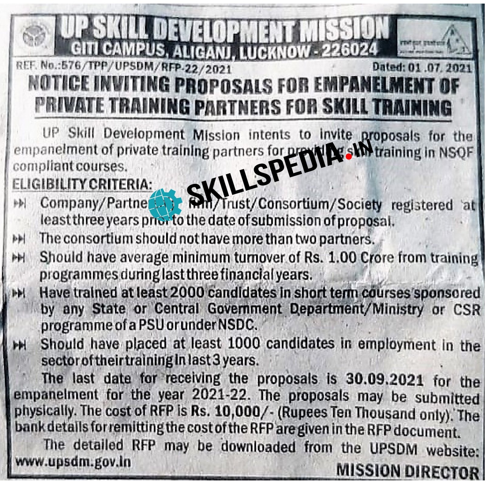 RFP for Empanelment of Private Training Partners for Skill Training-UPSDM