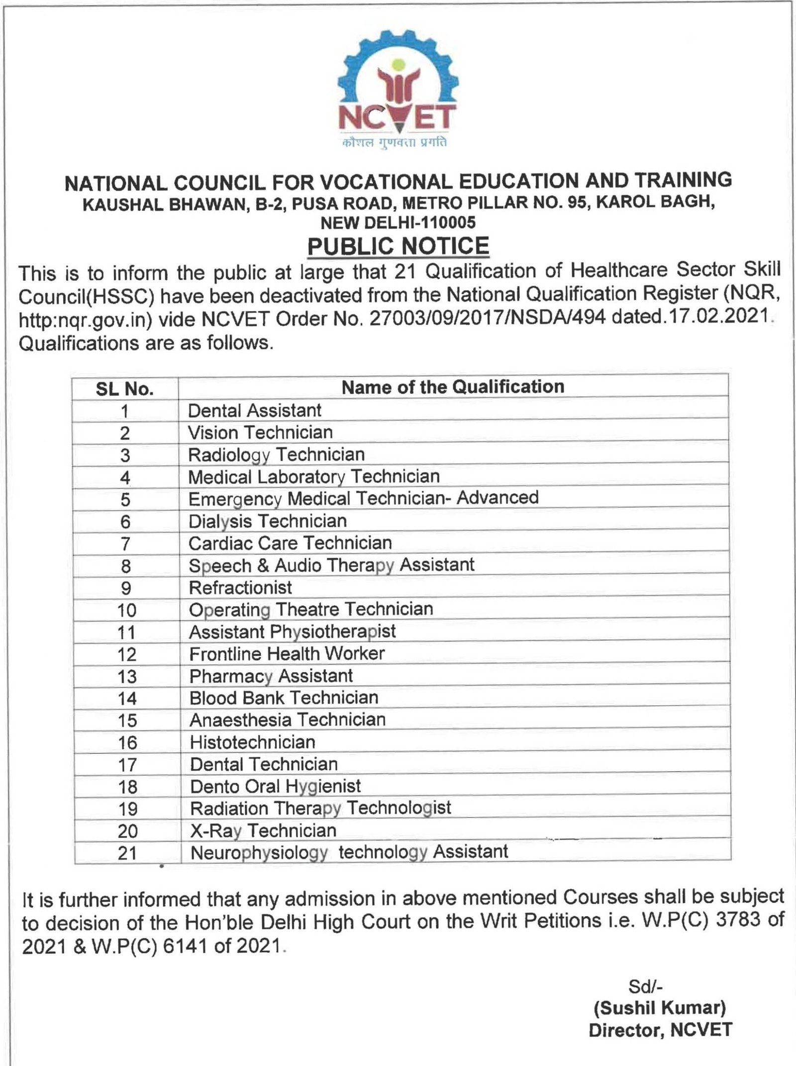 Public Notice of deactivation of 21 Qualifications of Healthcare SSC